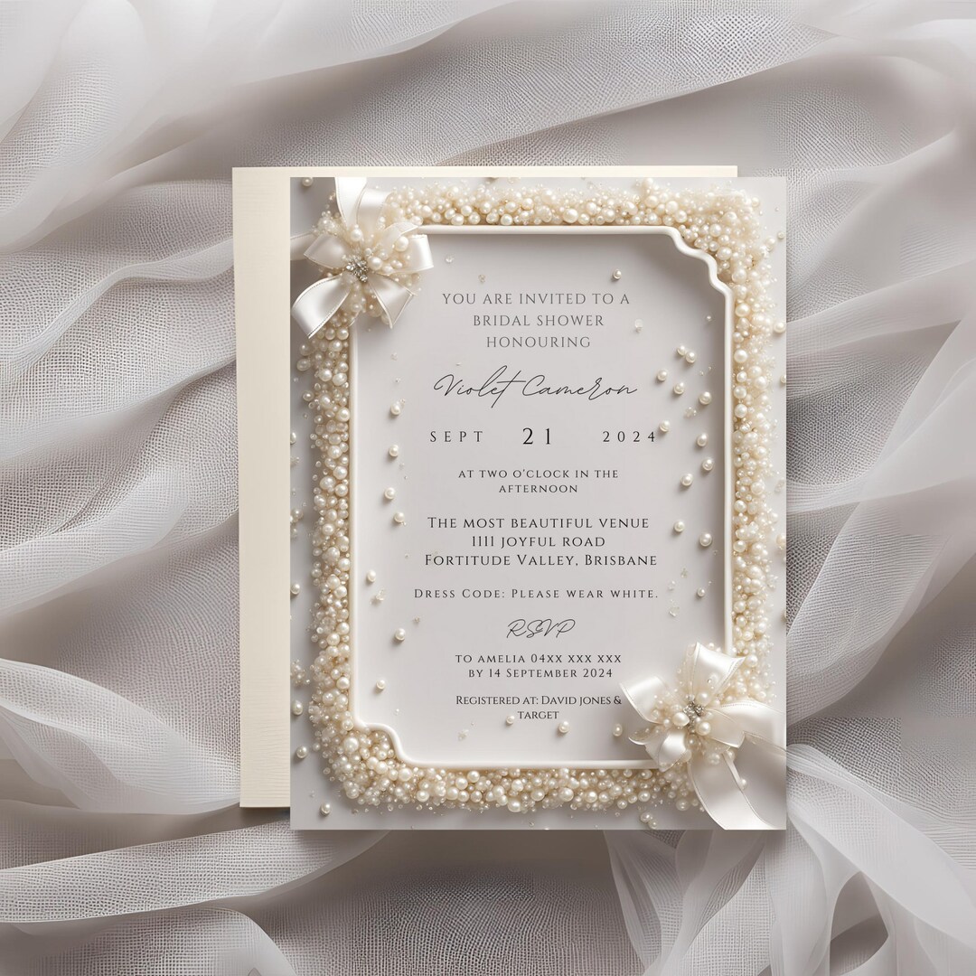Elegant Editable White Pearl Bow Bridal Shower Invitation Template W163 ...
