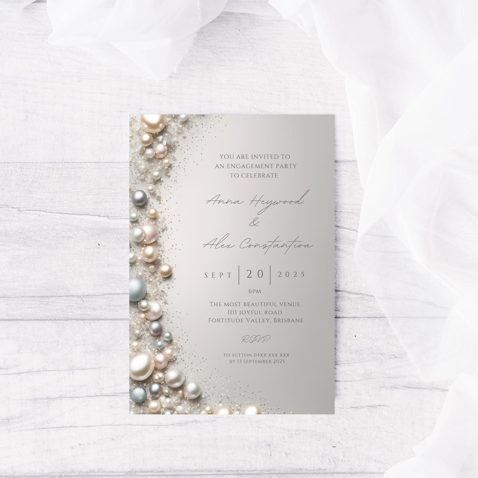 Elegant Editable Silver Mixed Pearl Engagement Party Invitation ...