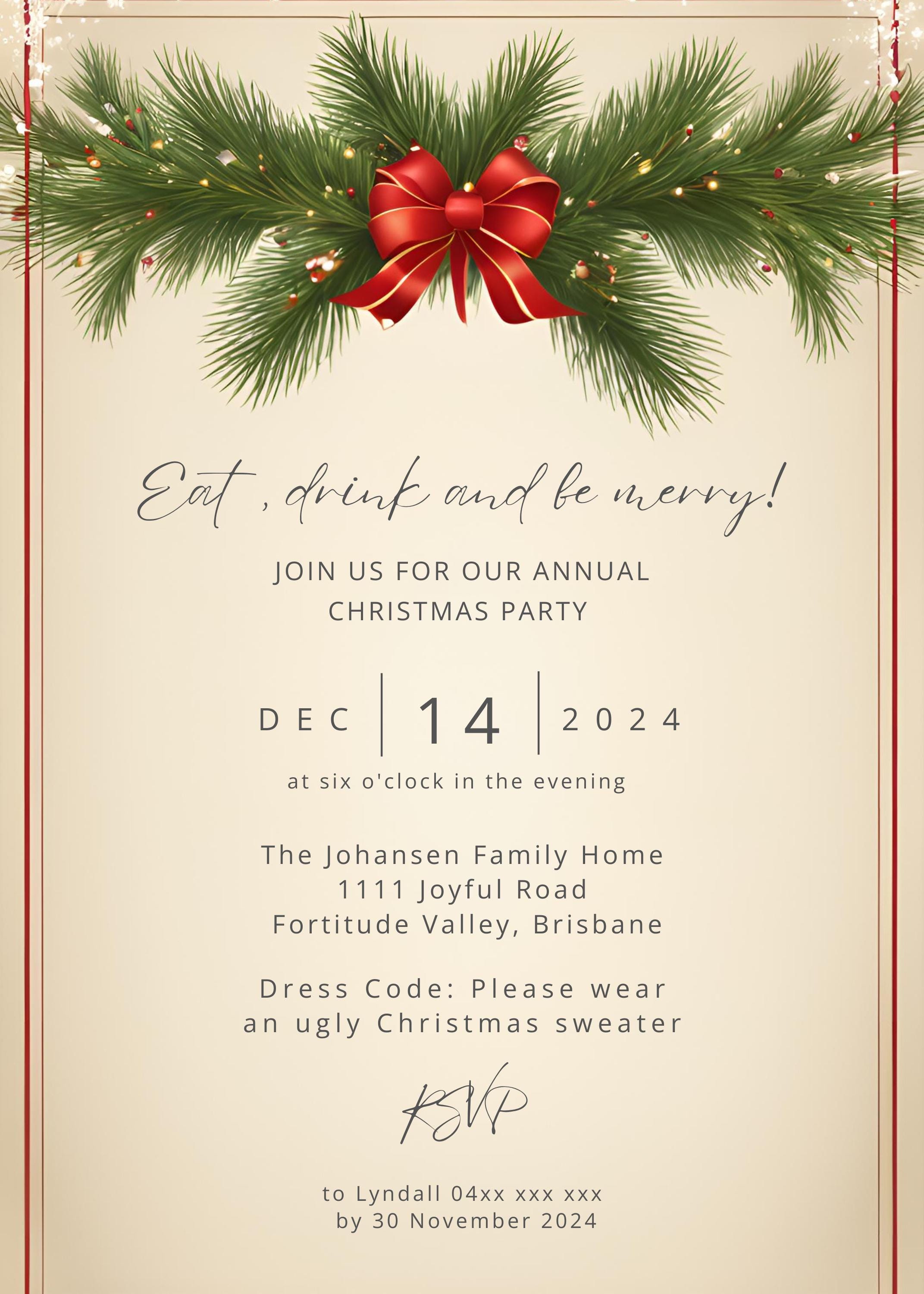 Elegant Editable Eat, Drink and Be Merry Christmas Party Invitation ...