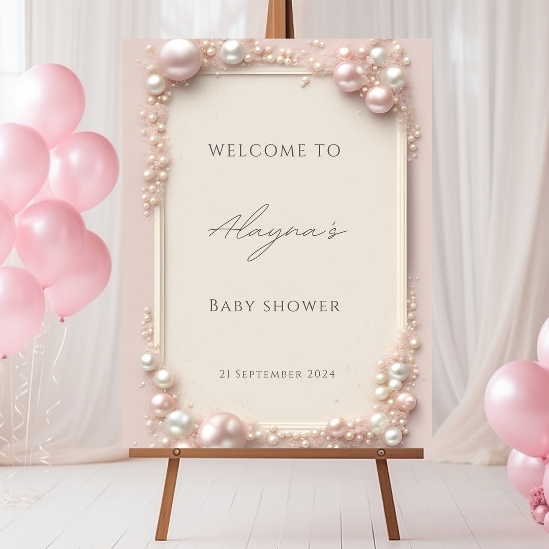 Elegant Editable Blush Pink and White Pearls Baby Shower Welcome Sign ...