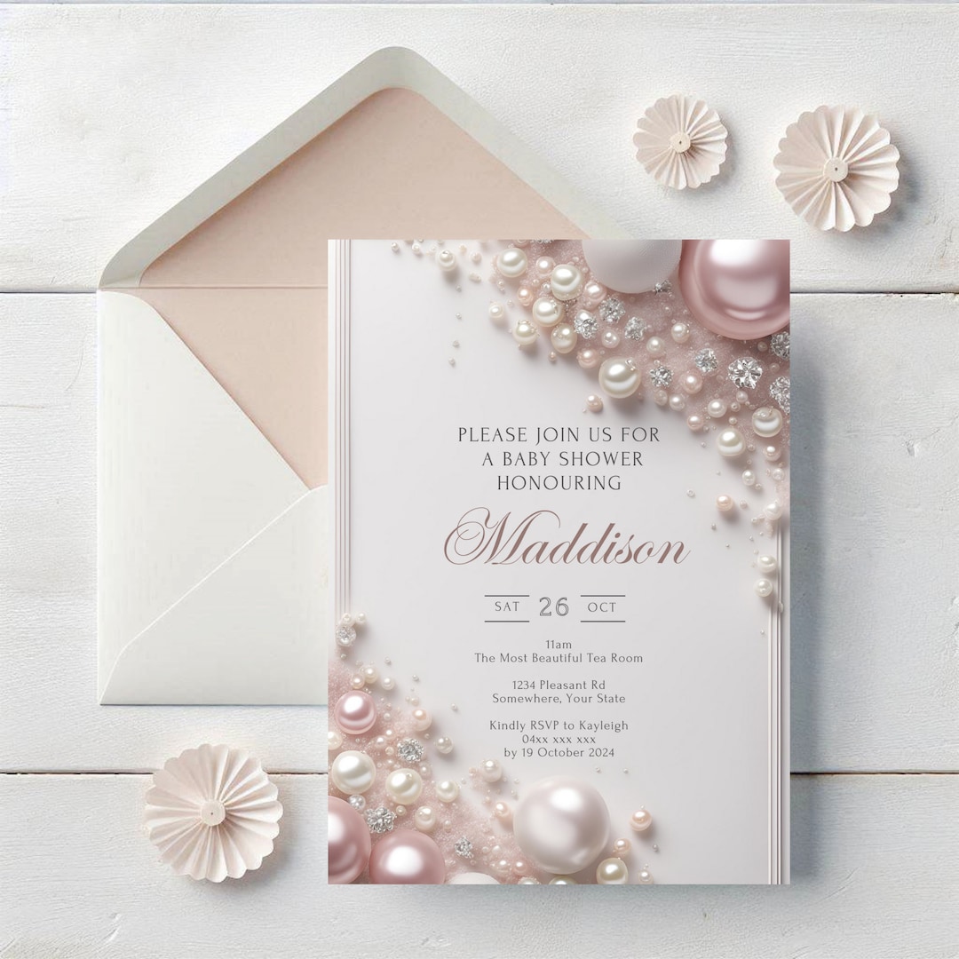 Elegant Editable Pink and White Pearls With Diamonds Bridal Shower ...