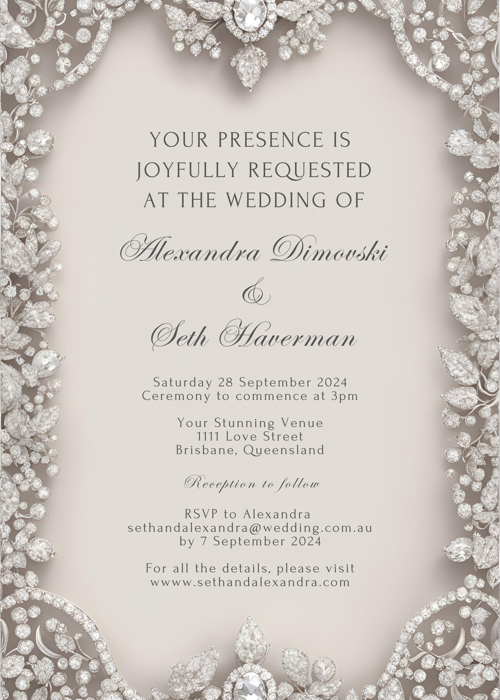 Elegant Editable Blush Diamond Frame Wedding Invitation Template W189 ...