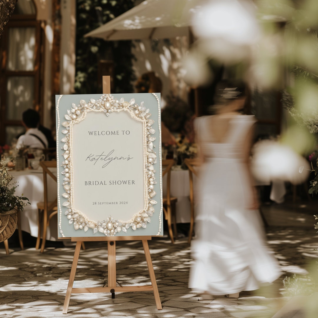 Elegant Editable Pastel Teal Pearl Frame Bridal Shower Welcome Sign ...