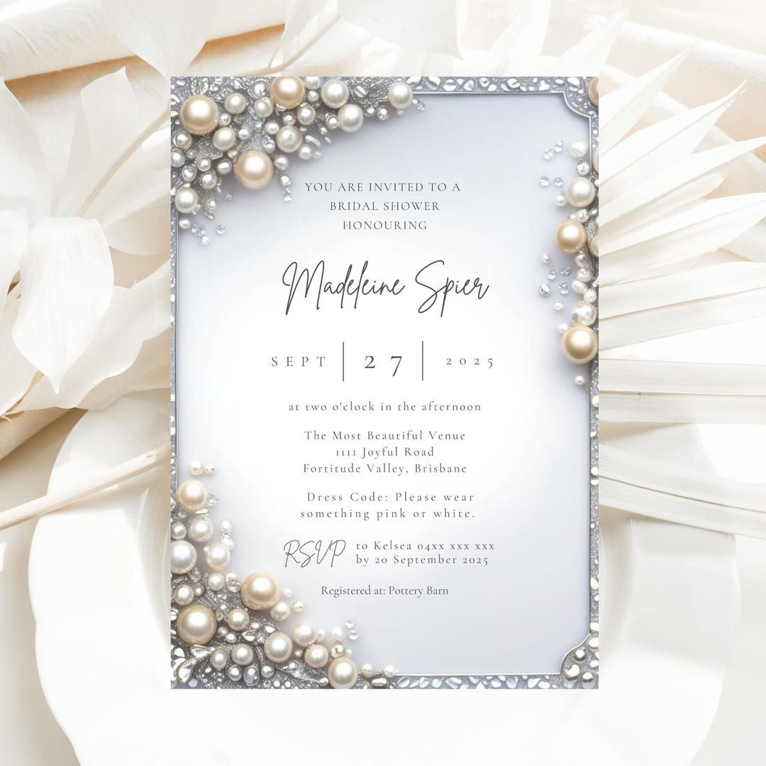 Elegant Editable Silver Diamonds & Pearls Frame Bridal Shower ...