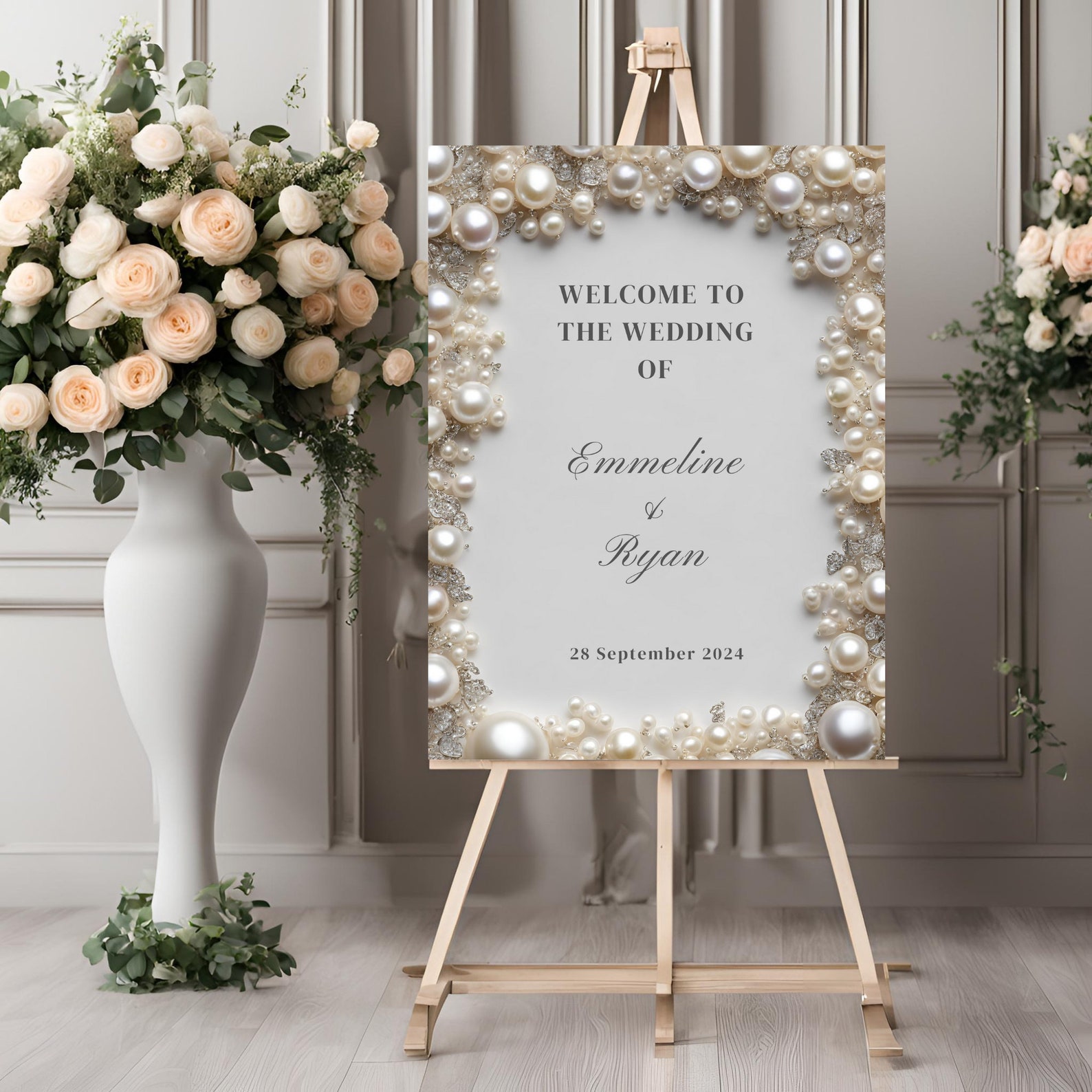 Elegant Editable Pearl and Diamond Cluster Wedding Welcome Sign ...