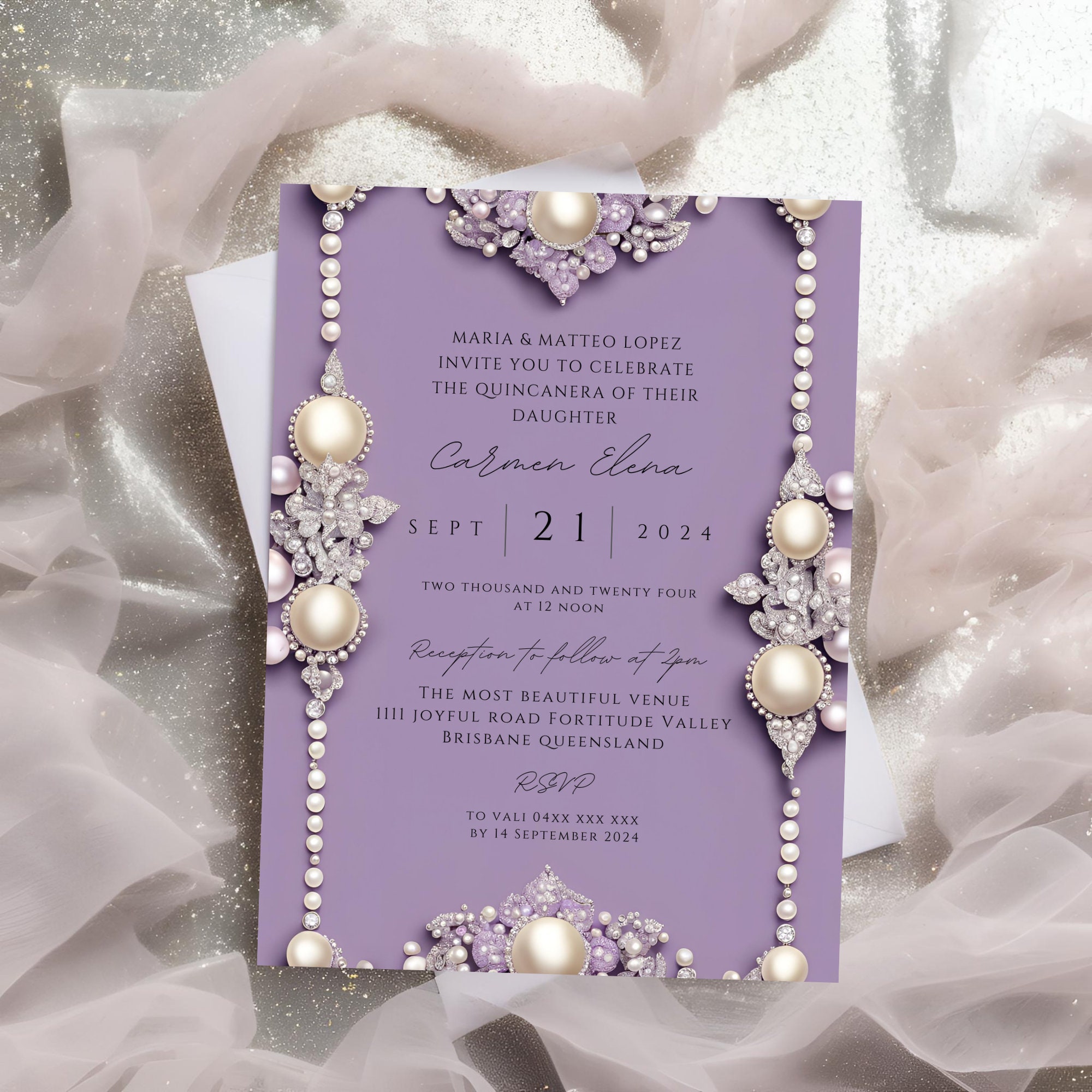 Elegant Mauve Diamonds and Pearls Quinceanera Invitation Template ...