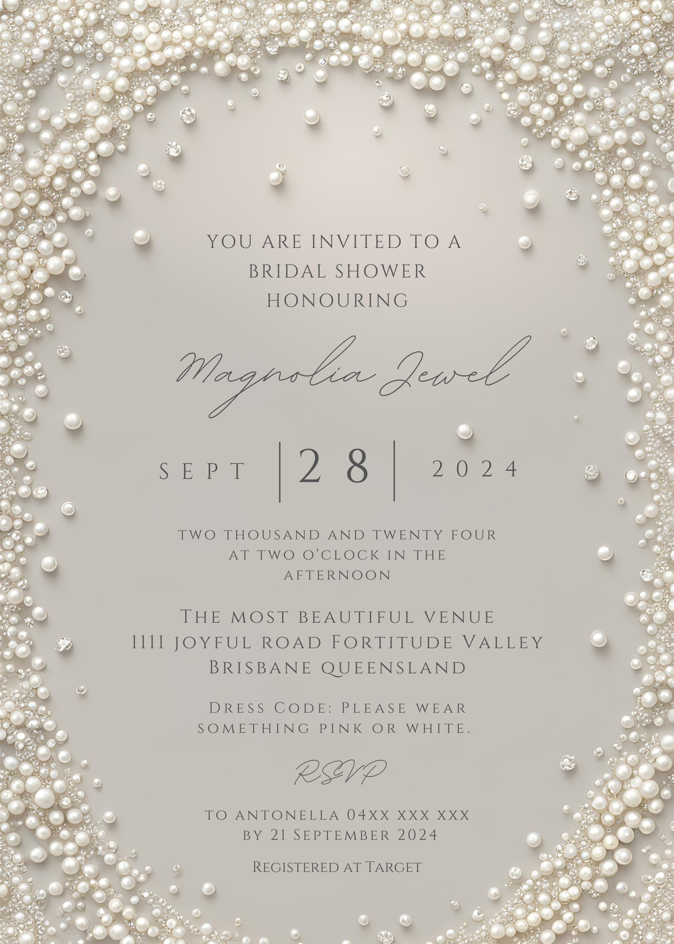 Elegant Editable Pastel Blush Pearls With Diamonds Bridal Shower ...