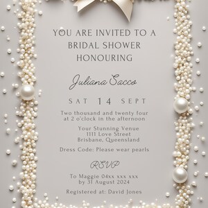 Elegant Editable Pearl Bow Frame Bridal Shower Invitation Template W160 ...