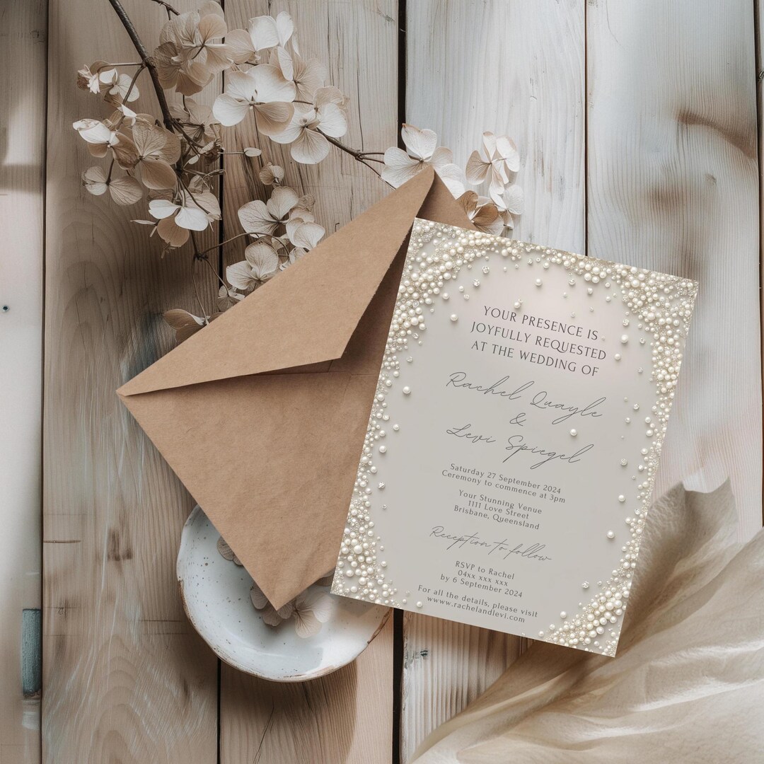Elegant Editable Pastel Blush Pearls With Diamonds Single Page Wedding ...