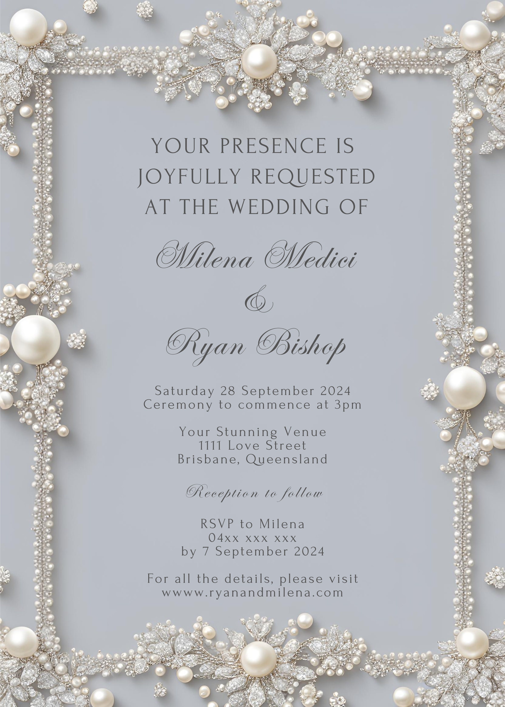 Elegant Editable Pastel Blue Diamonds and Pearls Wedding Invitation ...