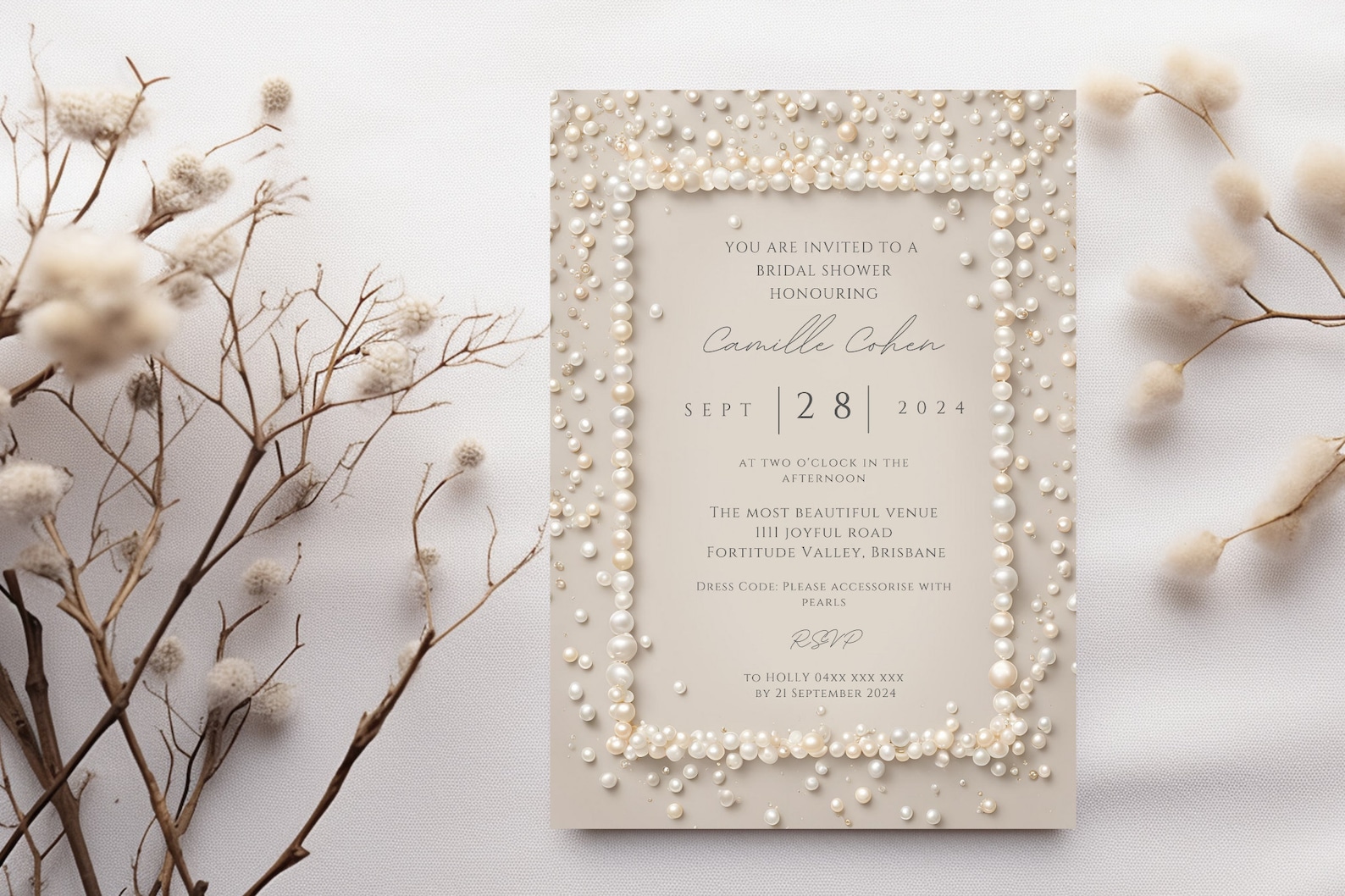 Elegant Editable Peachy Pearl With Frame Bridal Shower Invitation ...