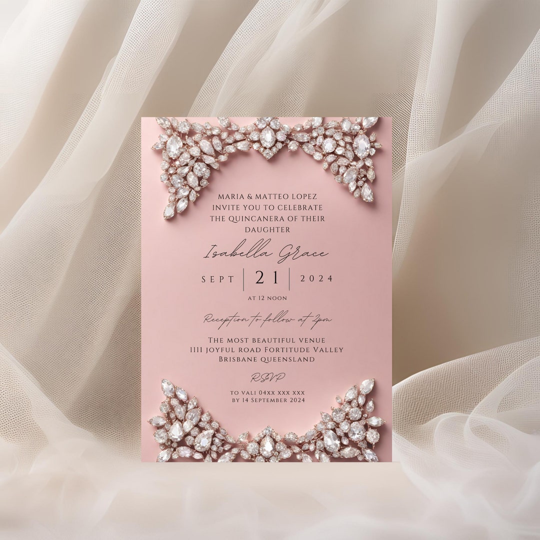 Elegant Pink With Diamonds Quinceanera Invitation Template, Modern ...