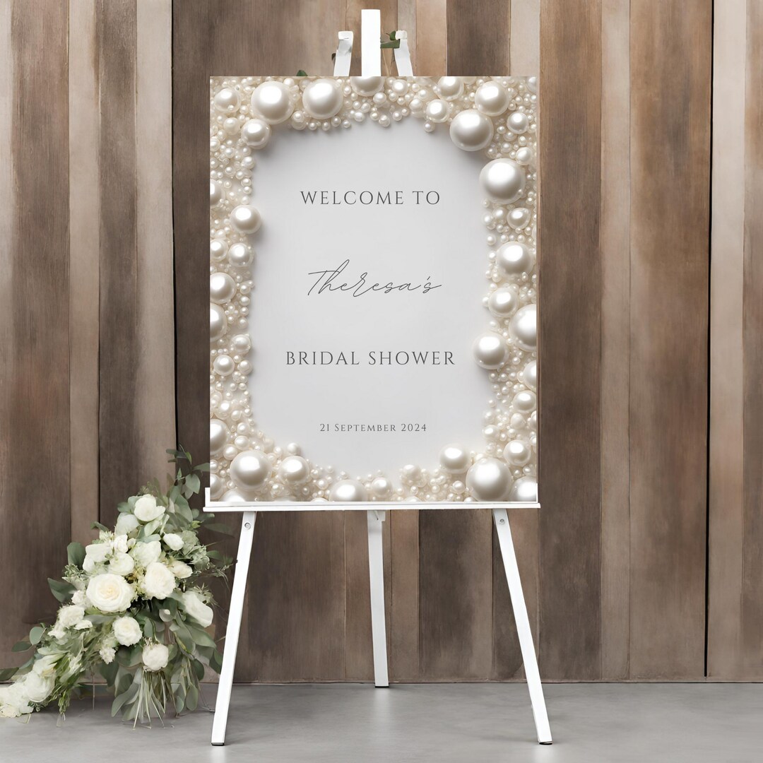 Elegant Editable White Pearl Bridal Shower Welcome Sign Template W145 ...