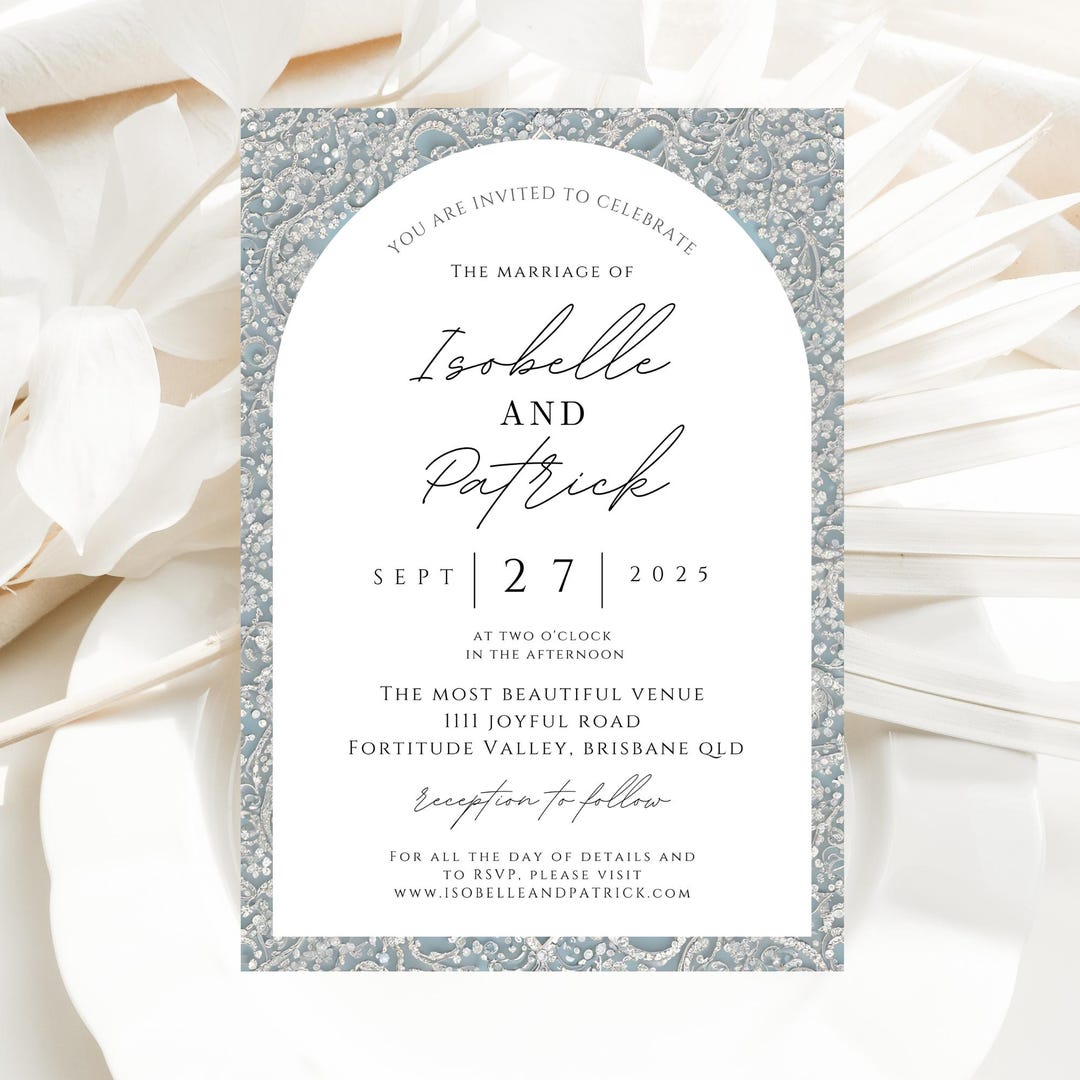 Elegant Editable Pale Blue Diamonds Arch Wedding Invitation Template ...