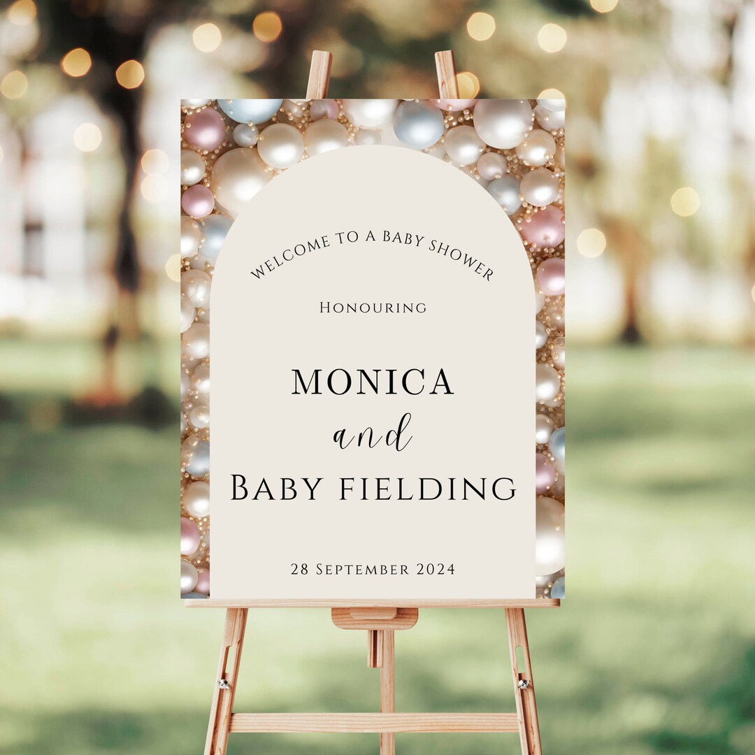 Elegant Editable Pink, Blue and White Pearl Arch Baby Shower Welcome ...