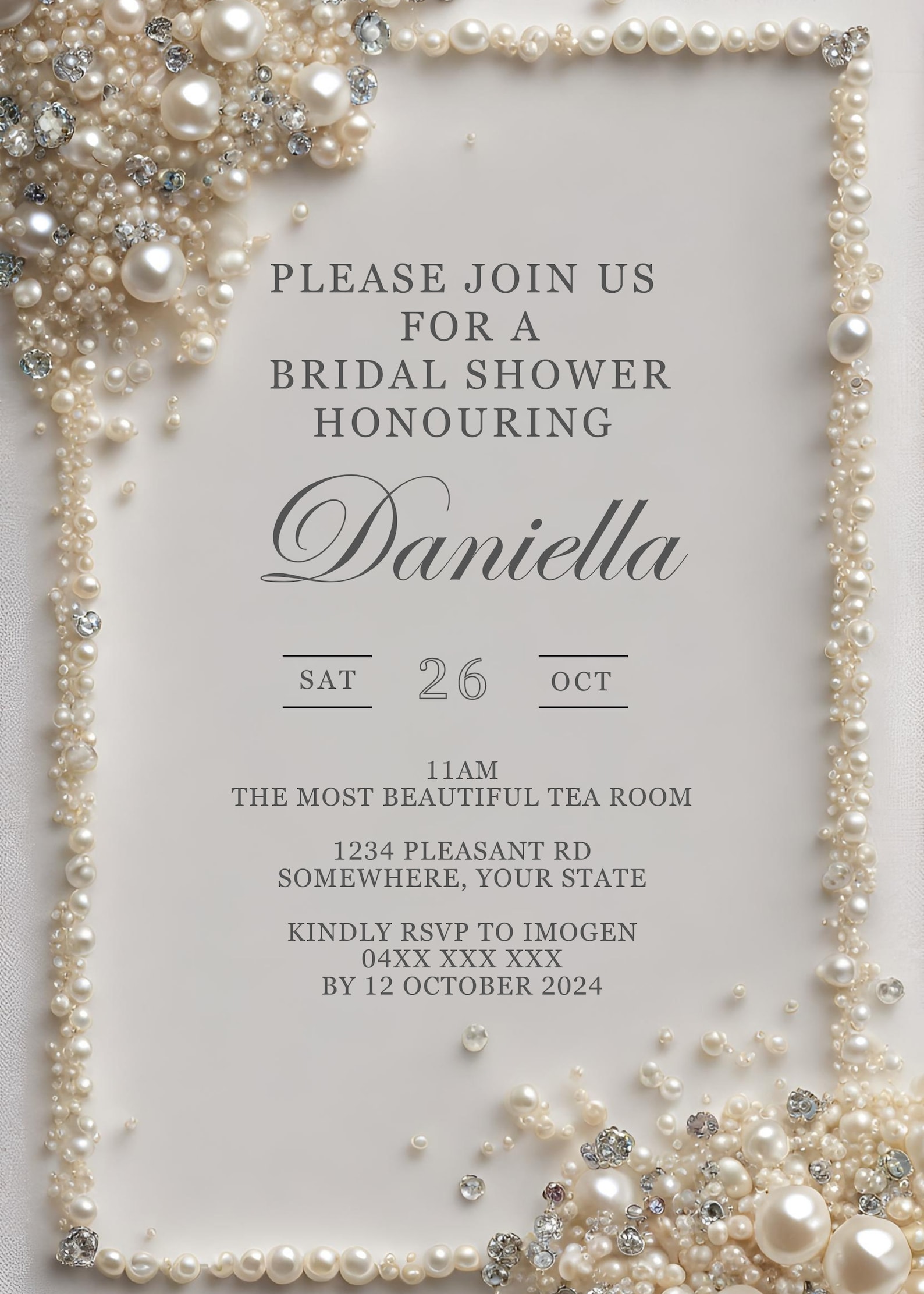 Elegant Editable Pearl and Crystal Border Bridal Shower Invitation ...