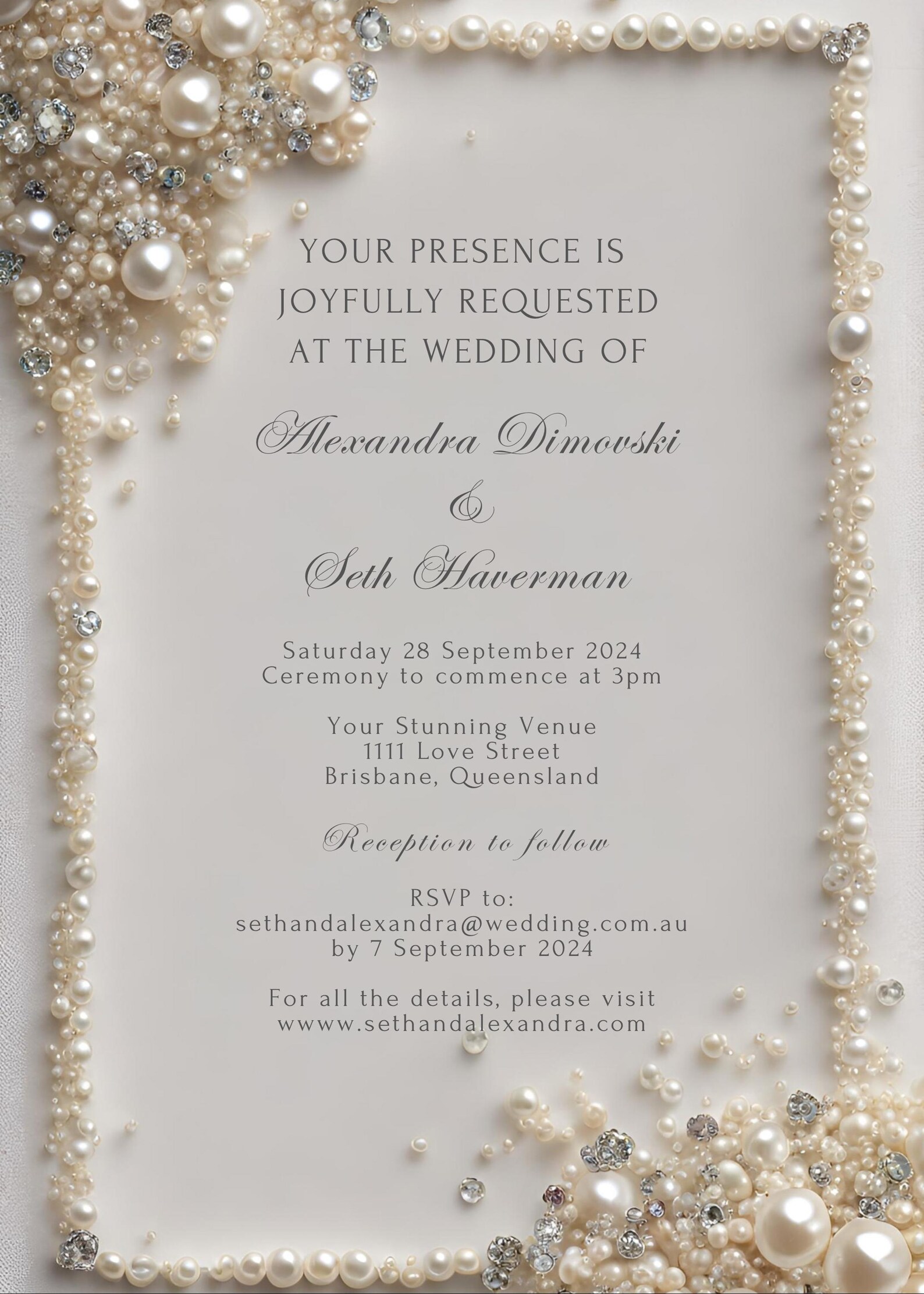 Elegant Editable Pastel Blush Pearls With Diamonds Single Page Wedding ...