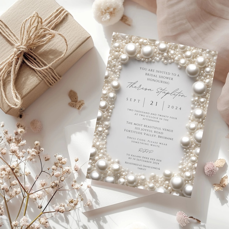 Elegant Editable White Pearl Bridal Shower Invitation Template W144 ...