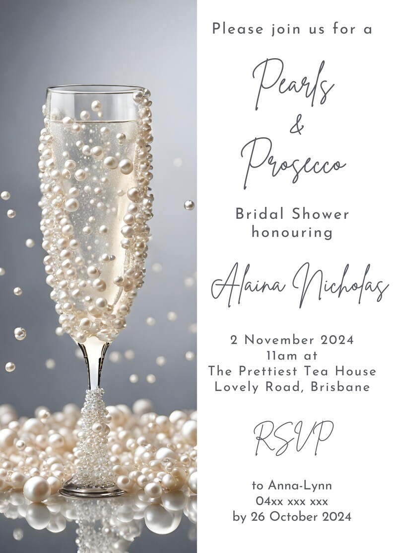 Elegant Editable Pearls and Prosecco Bridal Shower Invitation Template ...
