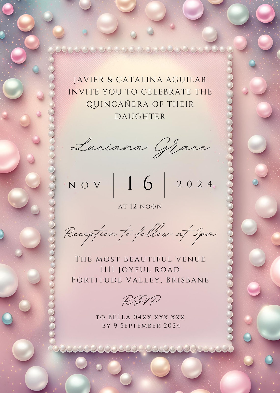 Elegant Editable Pastel Disco Pearl Quinceañera Invitation Template ...