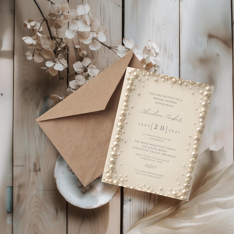 Elegant Editable Creamy Pebble Pearl Bridal Shower Invitation Template ...