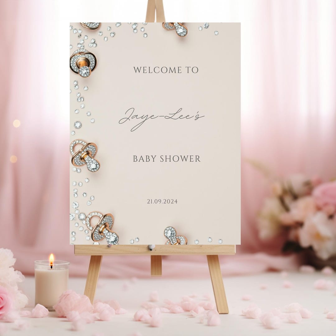 Elegant Editable Blush Diamond Pacifier Baby Shower Welcome Sign ...