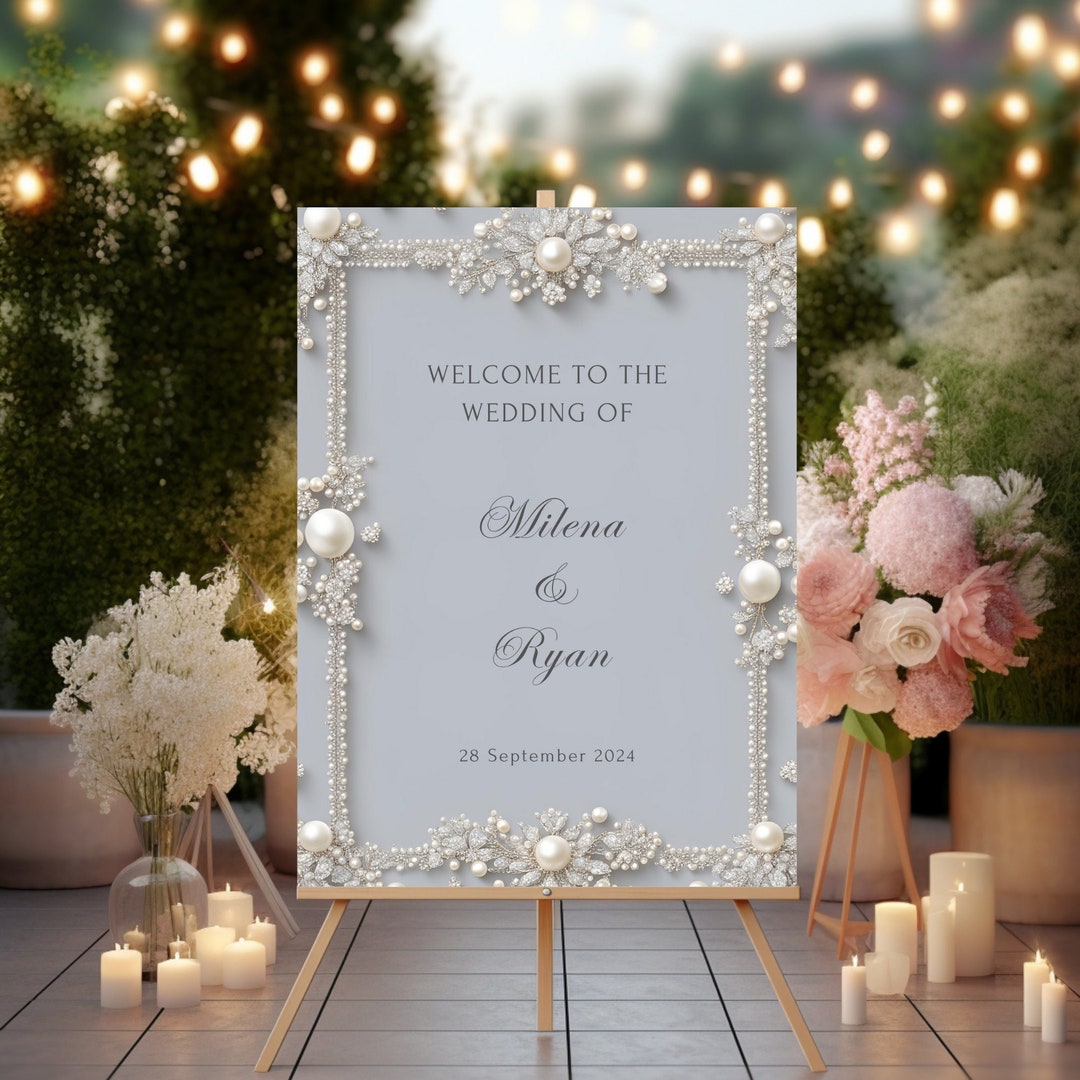 Elegant Editable Pastel Blue Diamonds and Pearls Wedding Welcome Sign ...