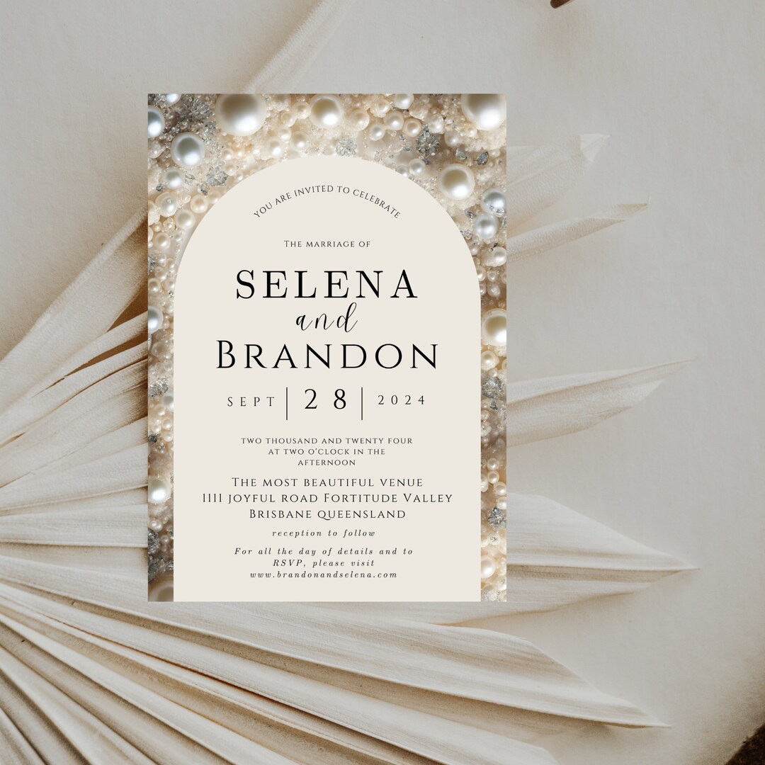 Elegant Editable Diamonds and Pearls Cream Arch Wedding Invitation ...