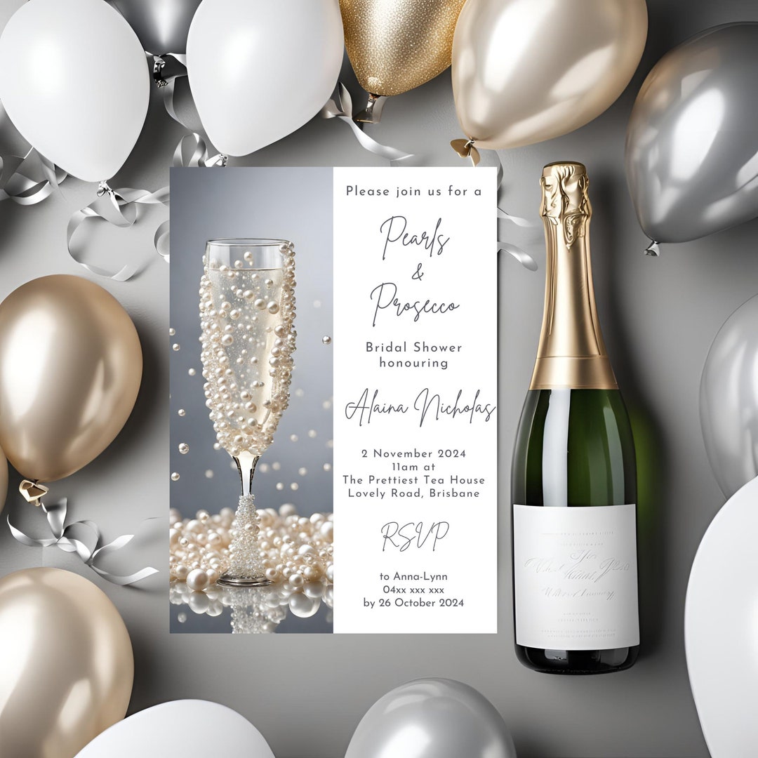 Elegant Editable Pearls and Prosecco Bridal Shower Invitation Template ...