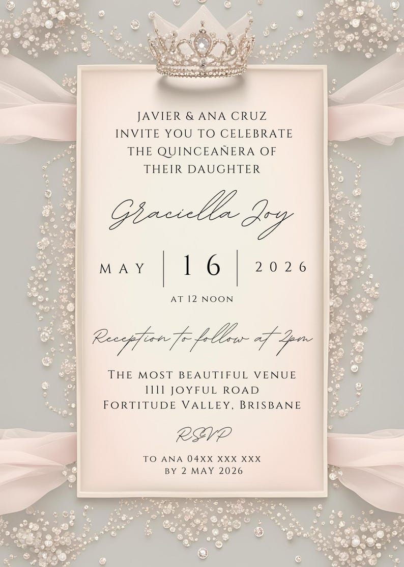 Elegant Editable Teal and Pink Diamond Tiara Quinceañera Invitation ...