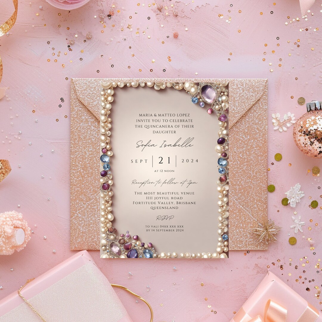 Elegant Bejewelled Quinceañera Invitation Template, Modern Quinceanera ...