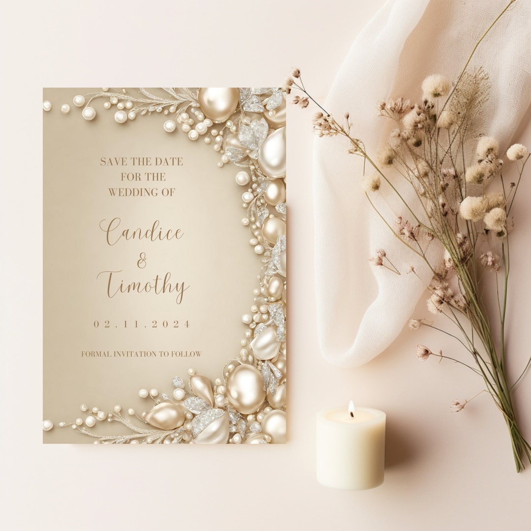 Elegant Editable Gold Pearls and Crystals RHS Border Wedding Save the ...