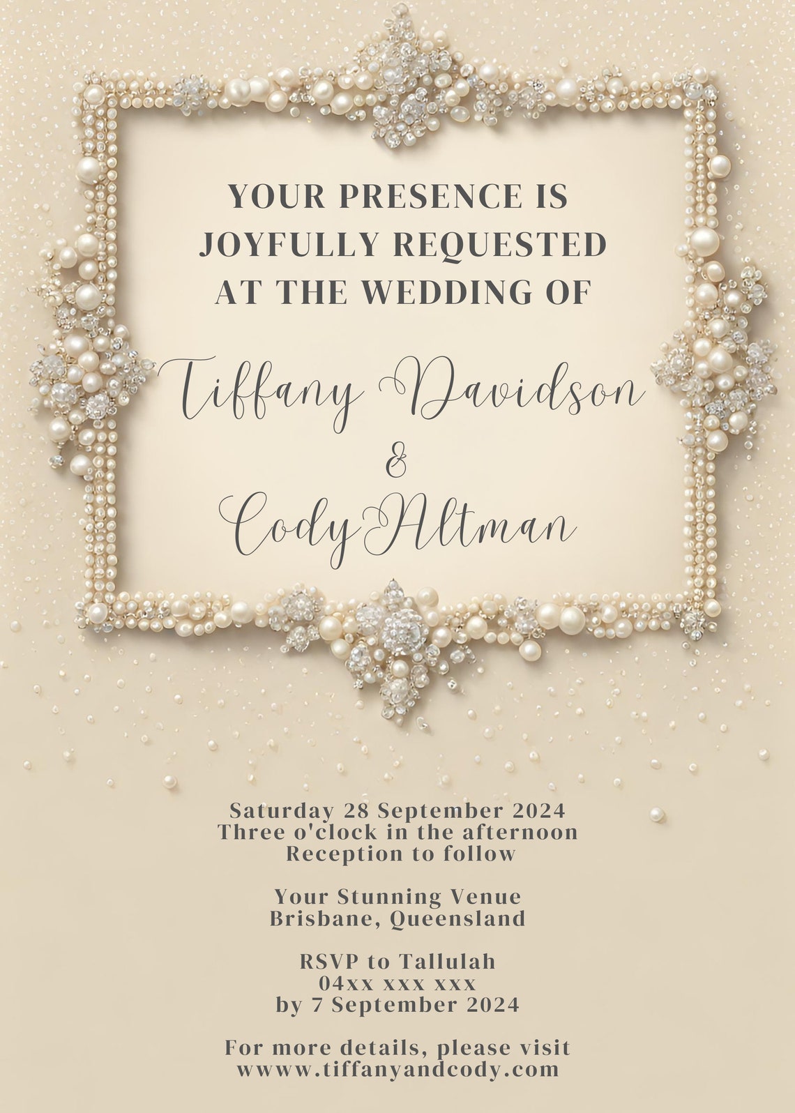 Elegant Editable Pearl and Crystal Wedding Invitation Template Single ...