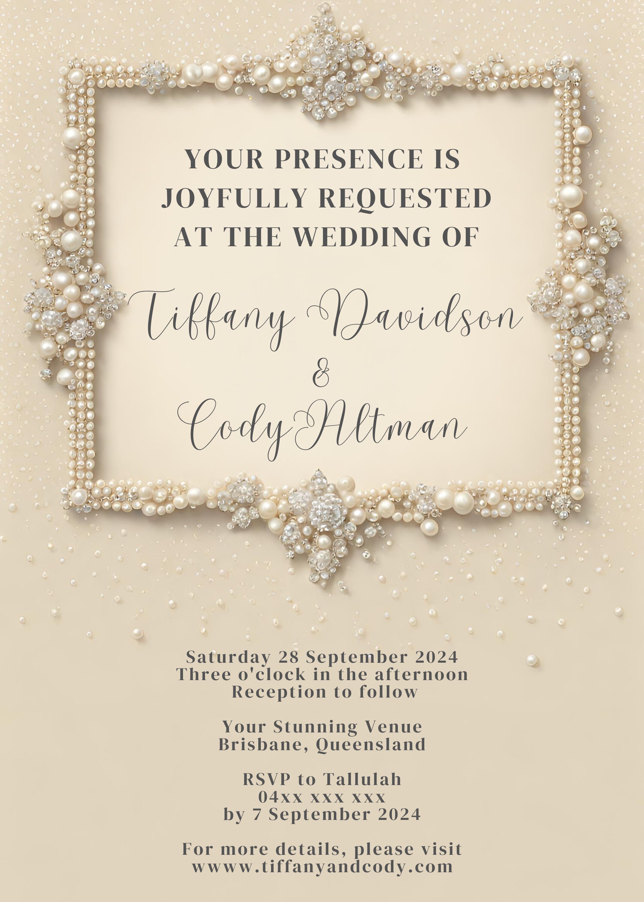 Elegant Editable Pearl and Crystal Wedding Invitation Template Single ...