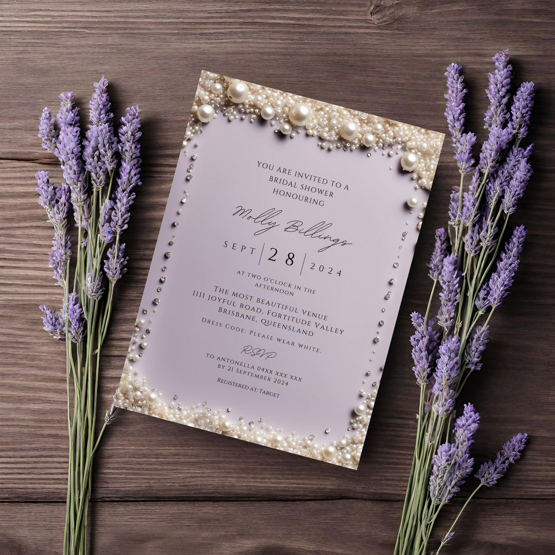 Elegant Editable Mauve Pearls With Diamonds Bridal Shower Invitation ...