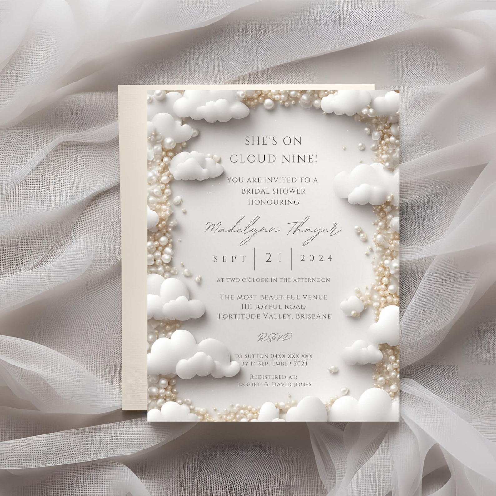 Elegant Editable Cloud Nine Pearl Bridal Shower Invitation Template ...