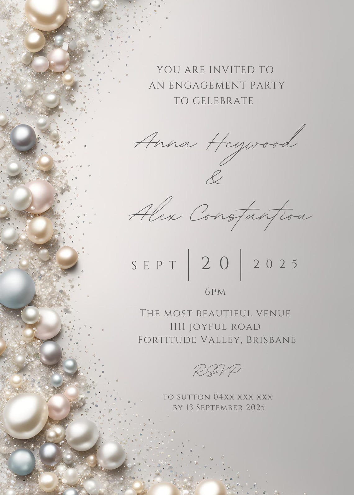 Elegant Editable Silver Mixed Pearl Engagement Party Invitation ...