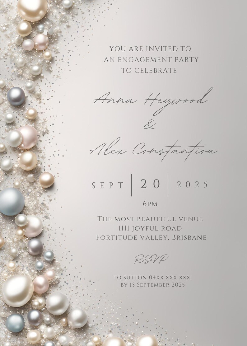 Elegant Editable Silver Mixed Pearl Engagement Party Invitation ...
