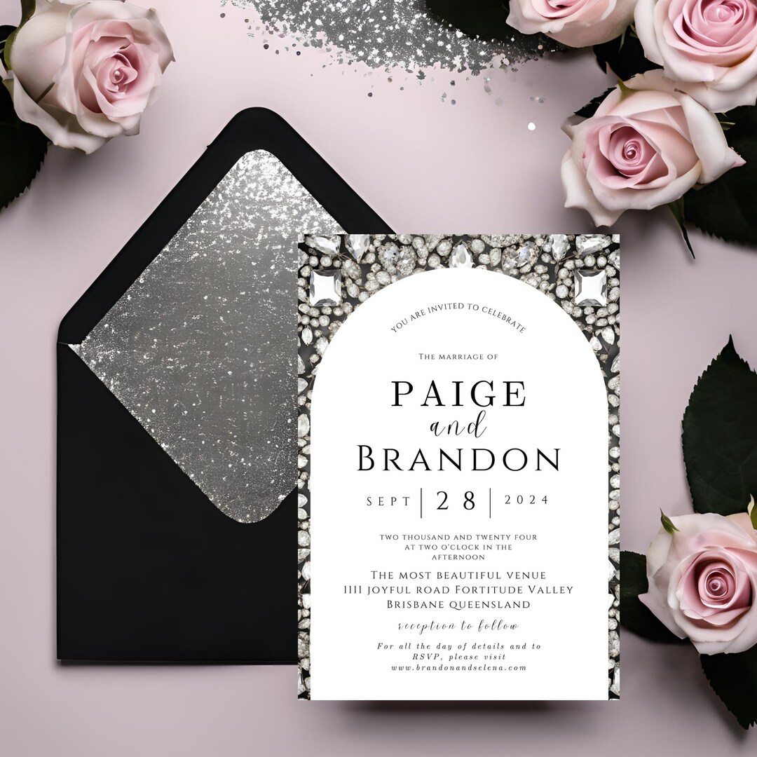 Elegant Editable Silver Diamonds Arch Wedding Invitation Template ...