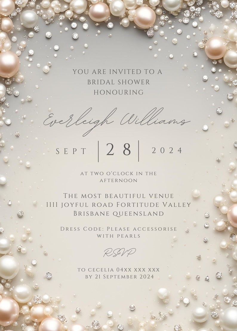 Elegant Editable Peach Pearls and Diamonds Ombré Bridal Shower ...
