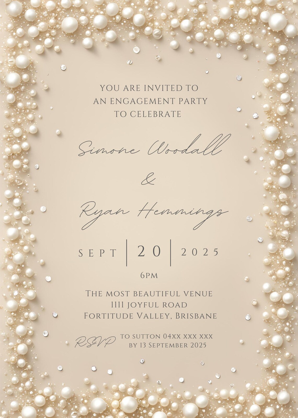 Elegant Editable Cream Confetti Pearl Engagement Party Invitation ...