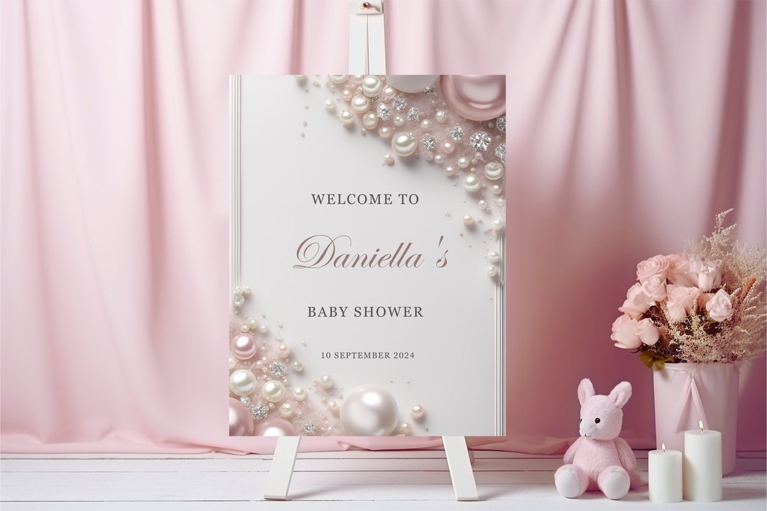 Elegant Editable Pink and White Pearls With Diamonds Baby Shower ...