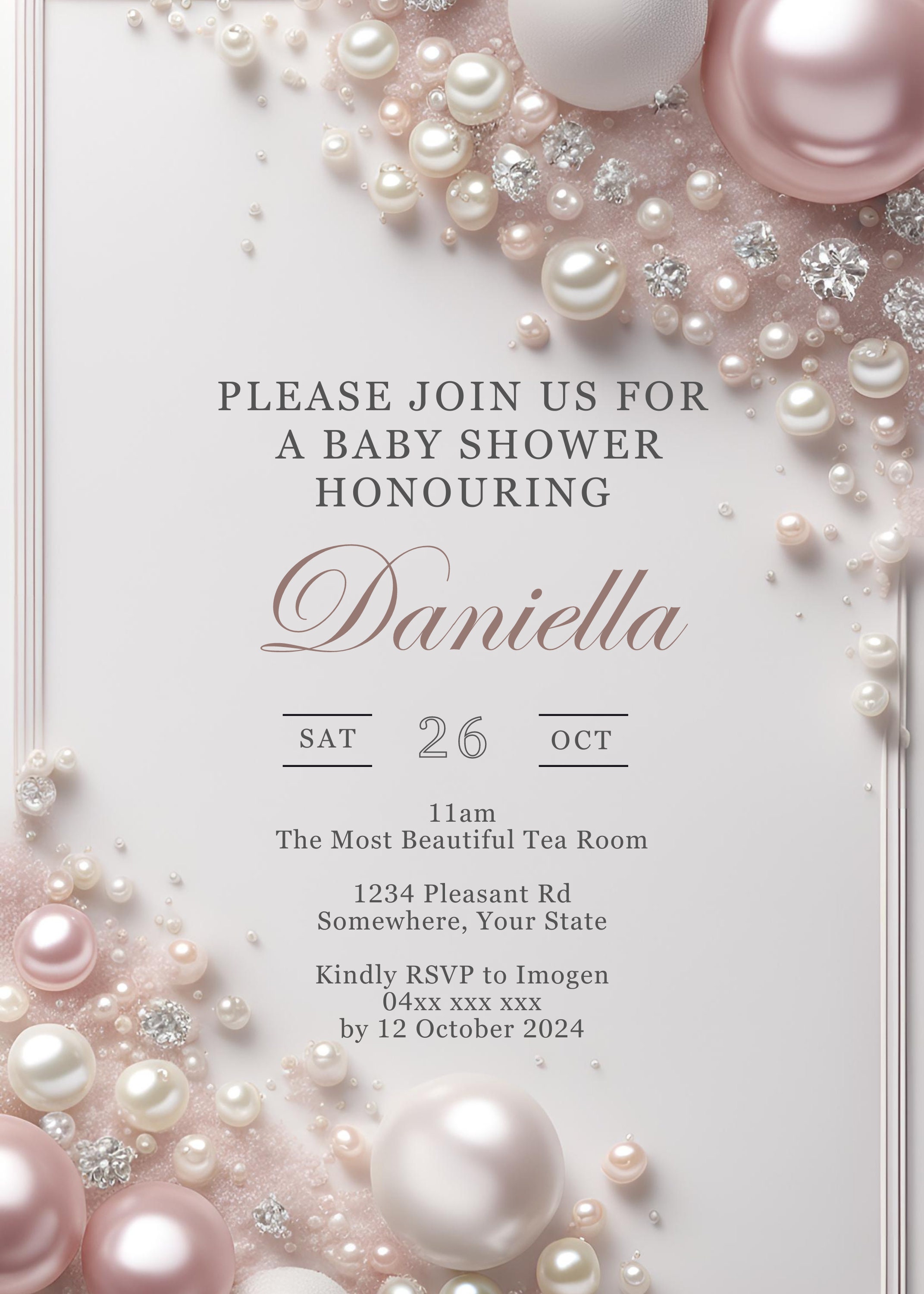 Elegant Editable Pink and White Pearls With Diamonds Baby Shower ...