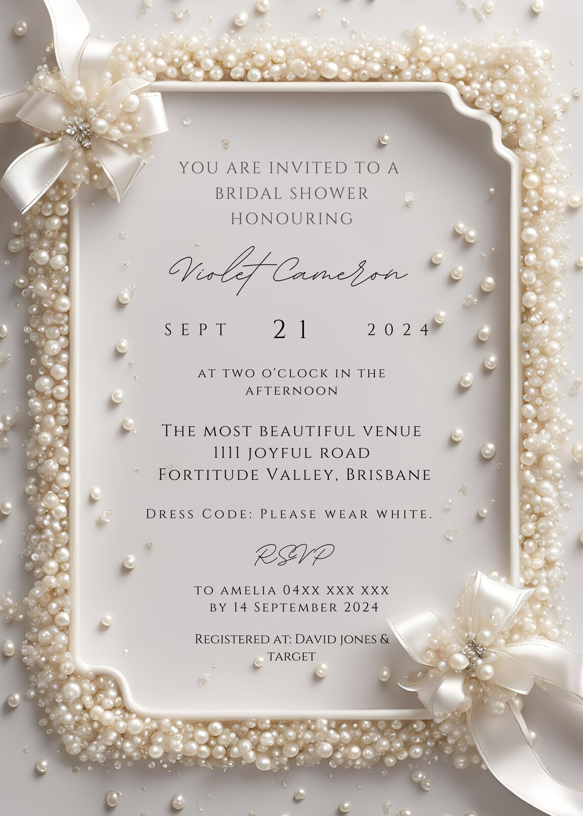 Elegant Editable White Pearl Bow Bridal Shower Invitation Template W163 ...