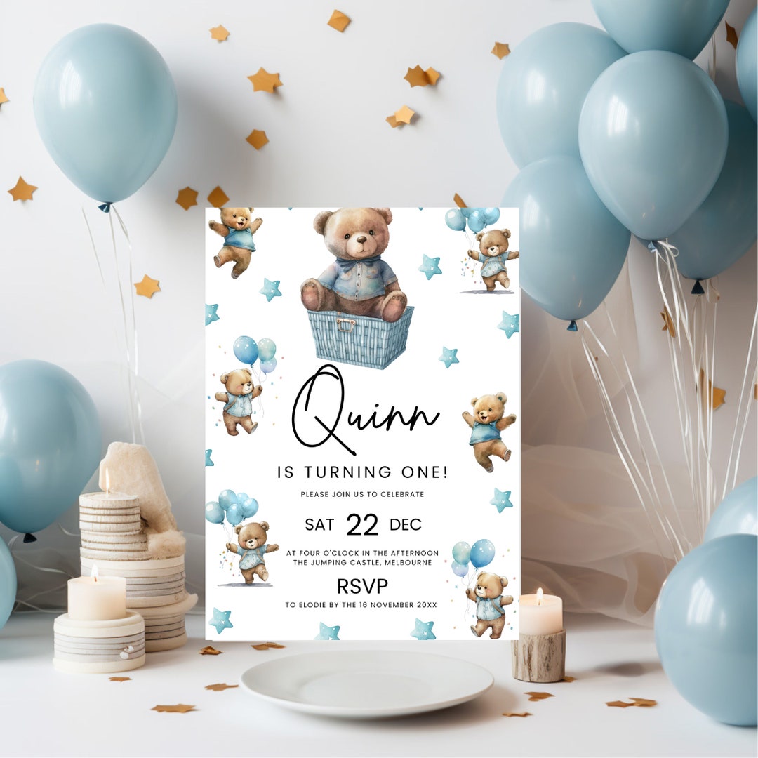 Blue Teddy Bears First Birthday Party Invitation Template CB013 - Etsy