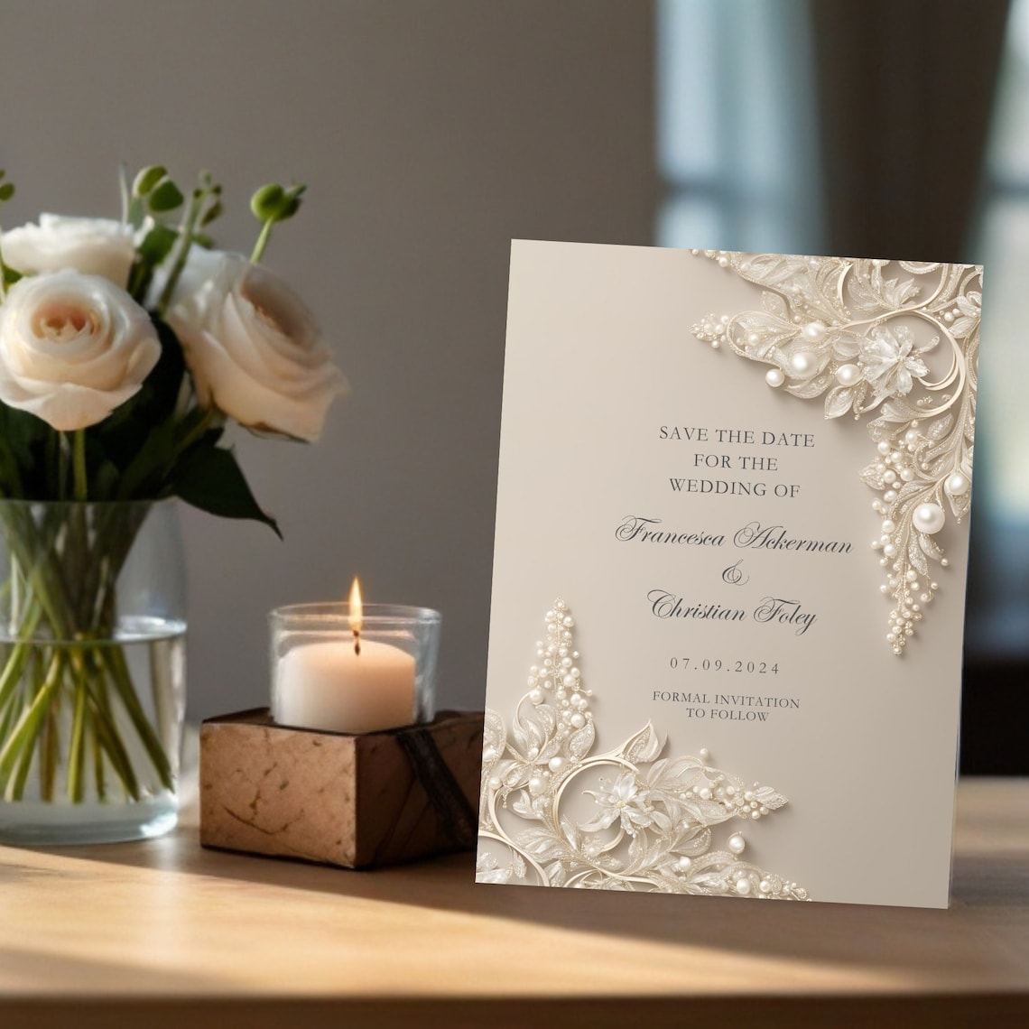 Elegant Editable Pearl and Cream Wedding Save the Date Template, Pearl ...