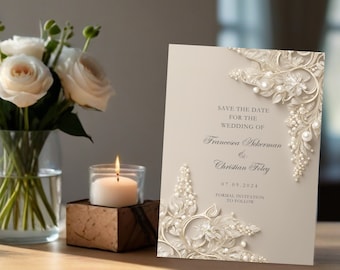 Elegant Editable Vintage Pearl Wedding Save the Date Template, Pearl ...