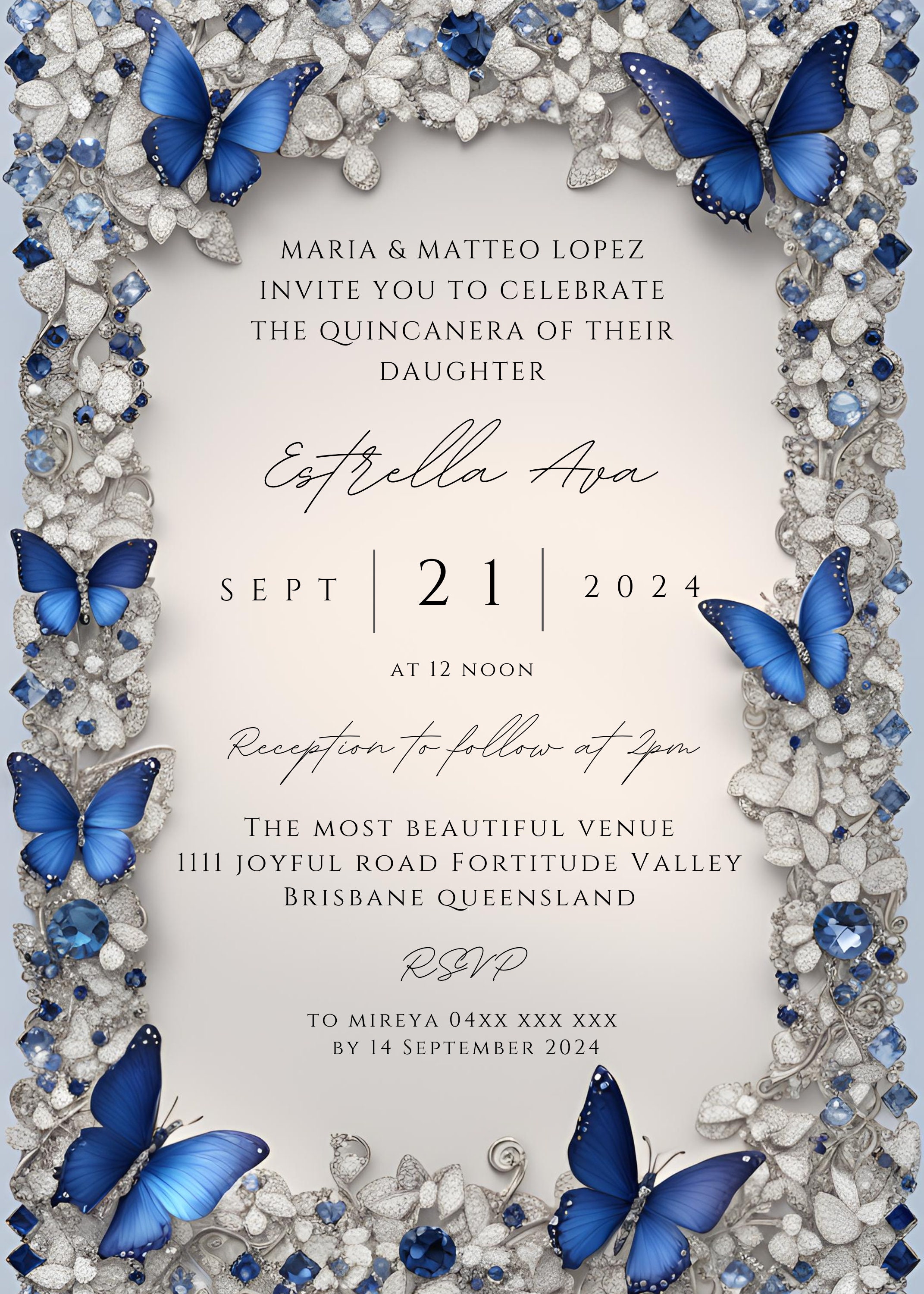 Elegant Blue Butterflies and Diamonds Quinceanera Invitation Template ...