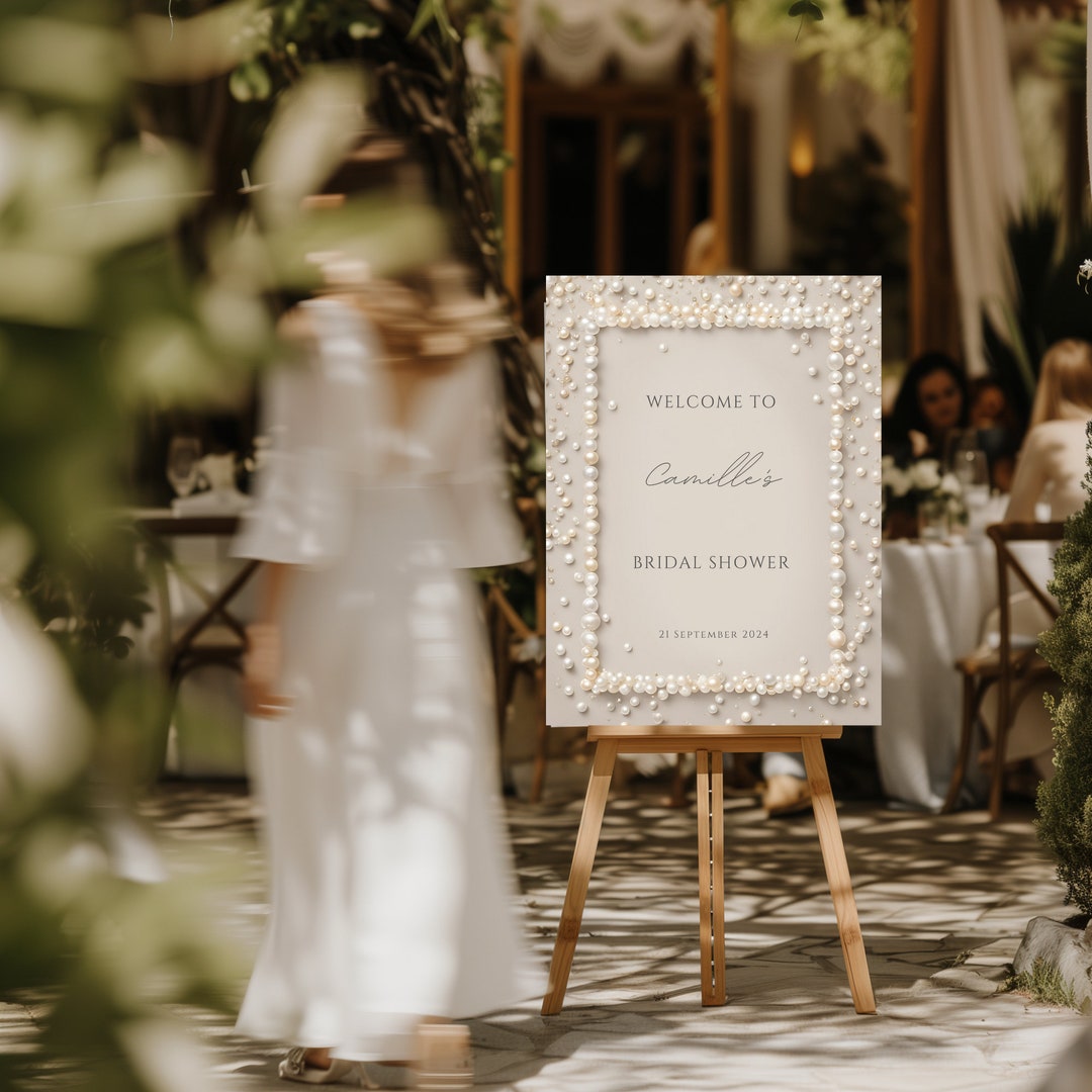 Elegant Editable Peachy Pearl Frame Bridal Shower Welcome Sign Template ...