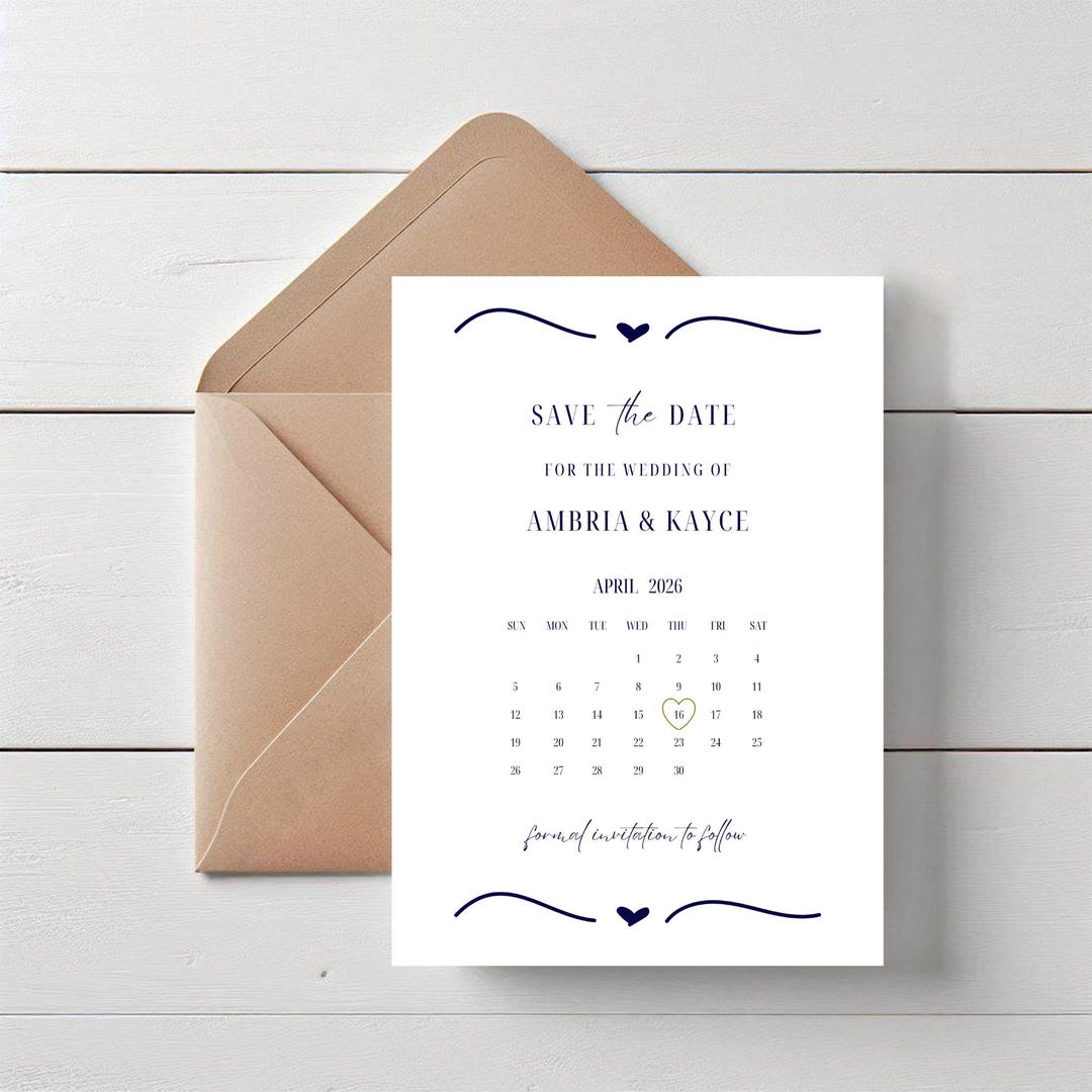 Editable Simple White and Navy Blue Calendar Wedding Save the Date ...